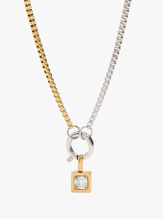 BICOLOR NECKLACE WITH CRYSTAL PENDANT - STAINLESS STEEL