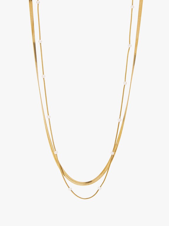 DOUBLE NECKLACE WITH PEARLS - STAINLESS STEEL