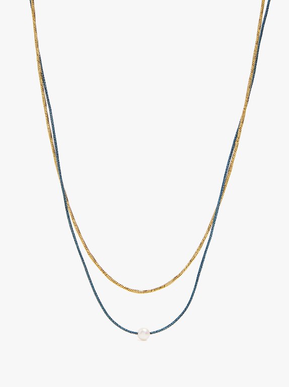 DOUBLE NECKLACE WITH CORD AND FRESHWATER PEARL - STAINLESS STEEL