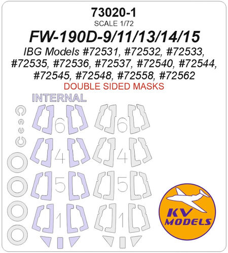 NEW! KV Models 73020-1 Focke Wulf Fw-190 D-9 / D-11 / D-13 / D-14 and D-15 - Double-Sided Mask Set + Wheels Masks (for IBG Kits)