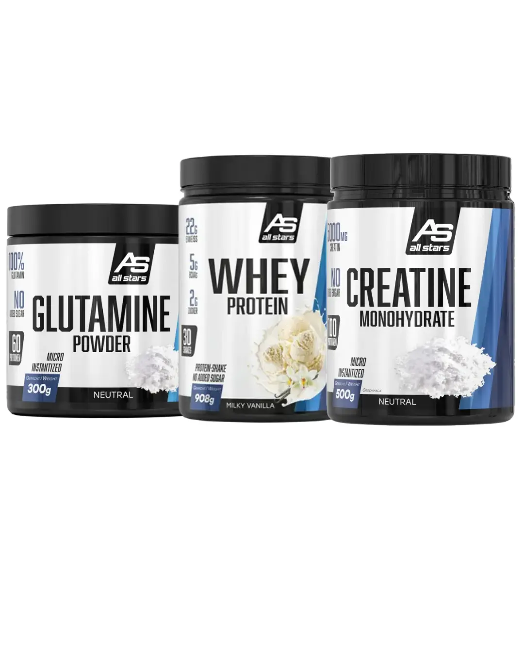 ALL STARS Whey Protein, Milky Vanila, 908g, Kreatin monohidrat 500g, Glutamin puder, 300g
