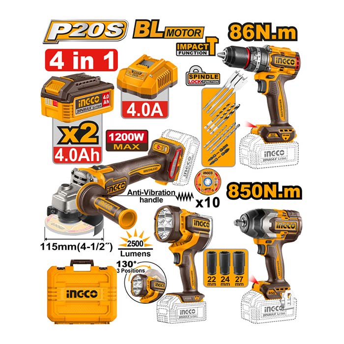 Ingco Aku Set (Bus.86NM+Brus.+Udar. Odvijac 850NM+Lampa) COSLI251192E 49017