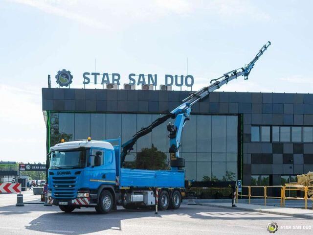 Scania G450 6x4 PALFINGER PK 42002 SH Fly Jib Crane kamion s ravnom platformom