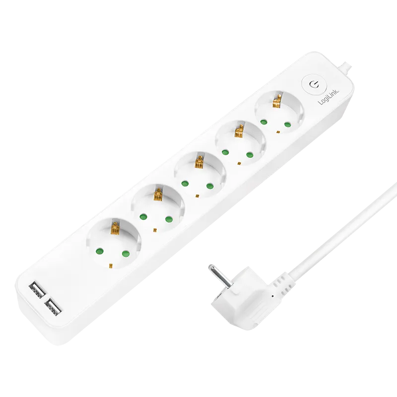 Logilink produžni kabl 5 mesta, 2 USB, prekidač, 1.5m, beli