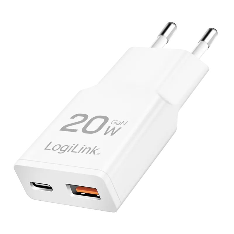 Logilink punjač 2 porta, 1 x USB type c, 1 x USB A, 20W, GaN, slim, bela