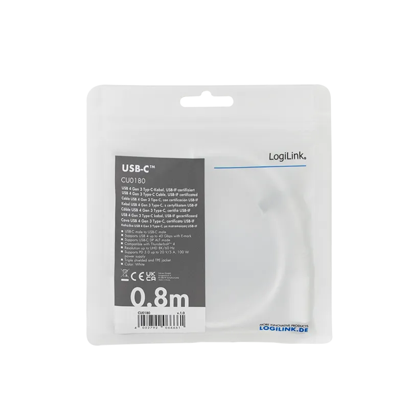 Logilink USB 4.0 Type C - C, M/M, E mark, PD, 8K, bela