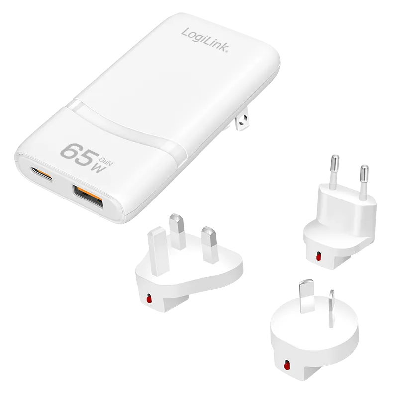Logilink putni punjač sa dva USB GaN porta, tri adaptera EU / UK / AU, 65 W, slim