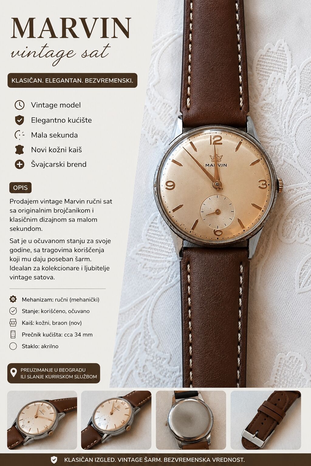 Marvin vintage ručni sat - Klasican, elegantan dizajn sa malom