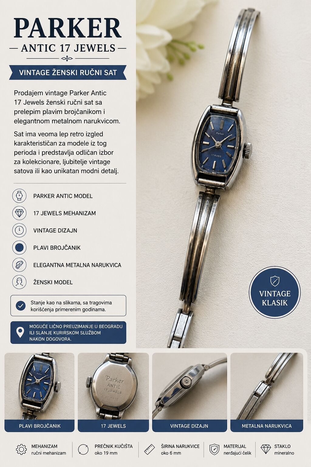 Parker Antic 17 Jewels – vintage ženski ručni sat - Model: Parker
