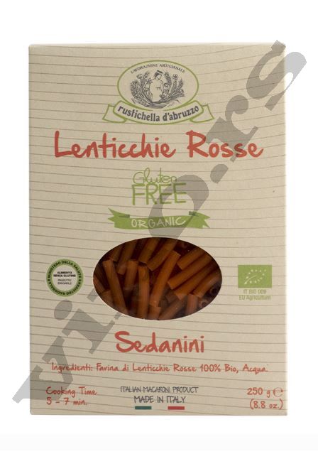 Rustichella d'Abruzzo Sedanini Farina di Lenticchie Rosse (brašno od crvenog sočiva) Organic Gluten Free 250 g Box