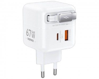 REMAX Strujni Fast teleskopski punjac Dolly GAN (1x USB Tip-A 3.0 +1x USB Tip-C) 67W, sa integrisanim USB Tip-C kablom 0.5m, beli