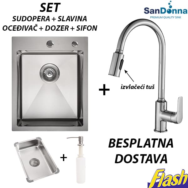 Hrom INOX Sudopera sa slavinom izvlačeći tuš (SET) – SanDonna – HD4050R