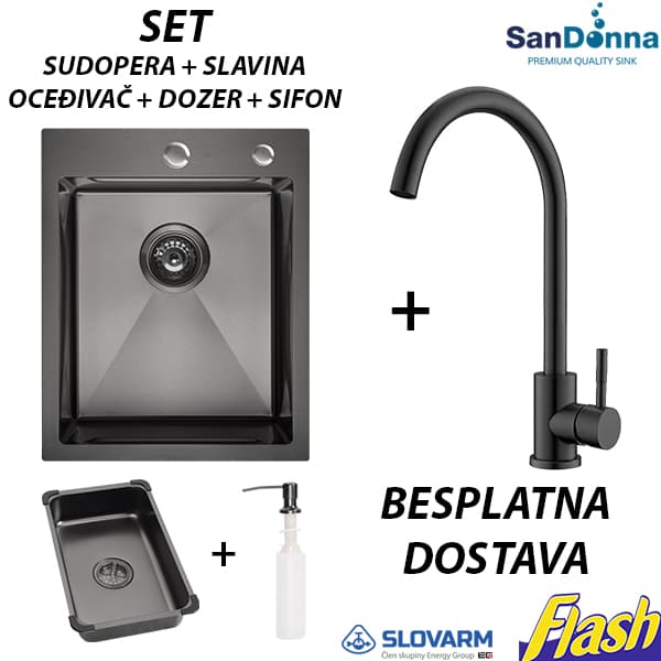 Crna INOX Sudopera sa slavinom Slovarm (SET) – SanDonna – HD4050R