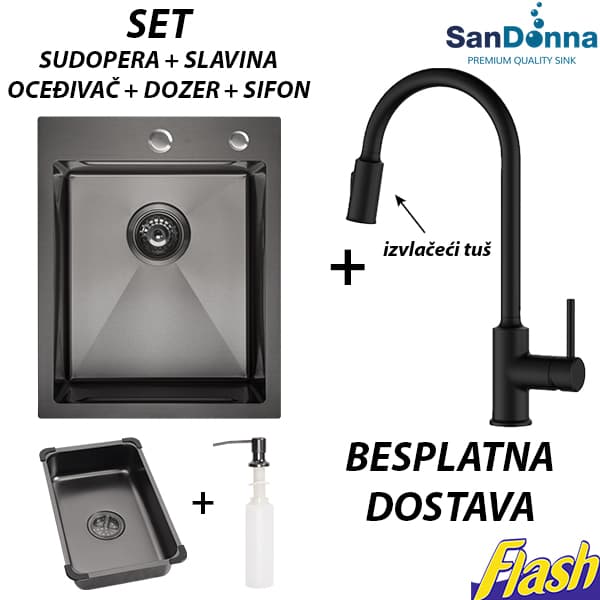 Crna INOX Sudopera sa slavinom izvlačeći tuš (SET) – SanDonna – HD4050R