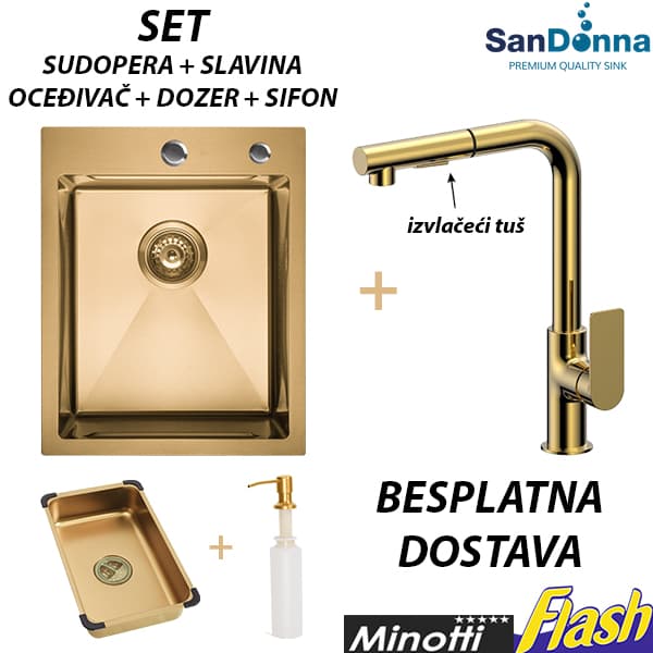 Zlatna INOX Sudopera sa slavinom izvlačeći tuš (SET) – SanDonna – HD4050R