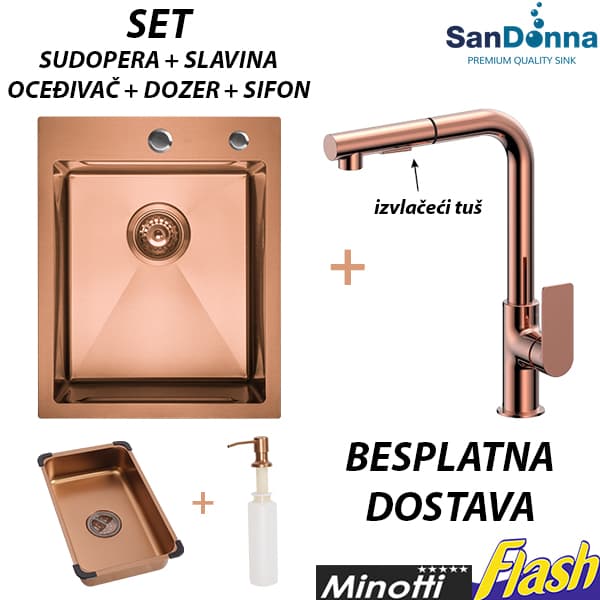 Bakarna INOX Sudopera sa slavinom izvlačeći tuš (SET) – SanDonna – HD4050R