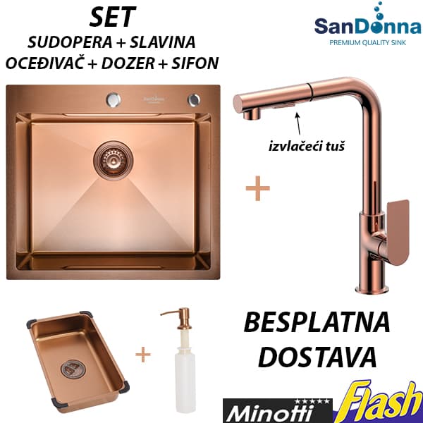 Bakarna INOX Sudopera sa slavinom izvlačeći tuš (SET) – SanDonna – HD5550R