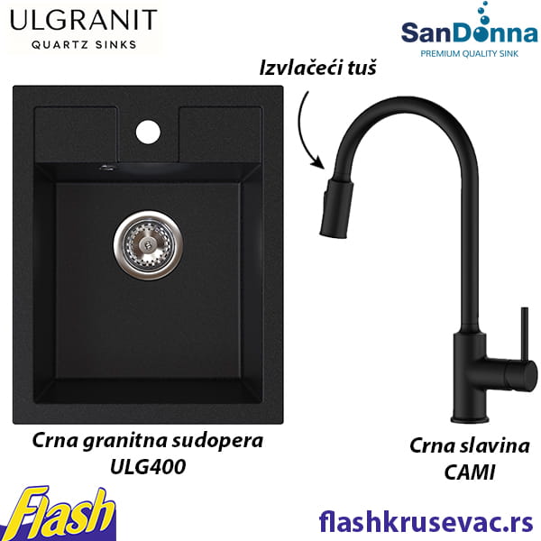 Granitna sudopera Ulgranit ULG400 (CRNA) + slavina izvlačeći tuš SanDonna – SET