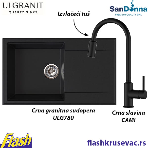 Granitna sudopera Ulgranit ULG780 (CRNA) + slavina izvlačeći tuš SanDonna – SET