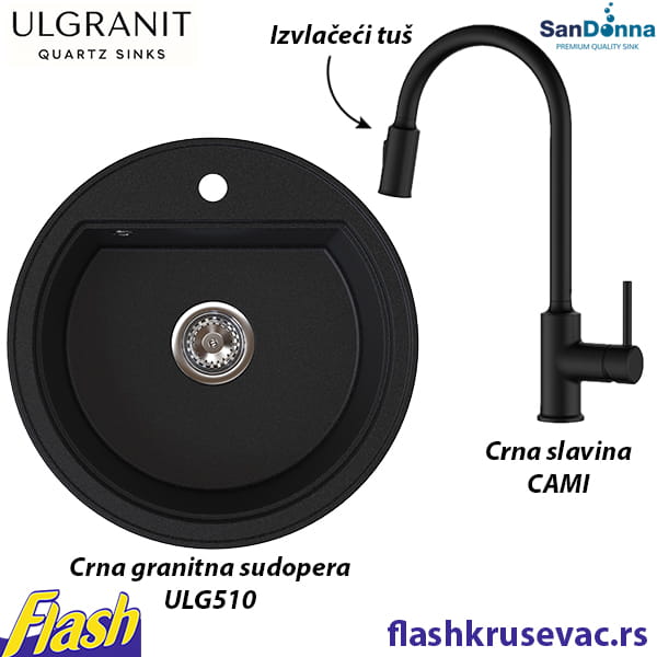 Granitna sudopera Ulgranit ULG510 okrugla (CRNA) + slavina izvlačeći tuš SanDonna – SET