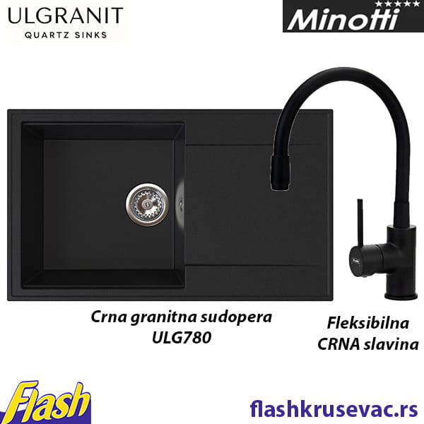 Granitna sudopera Ulgranit ULG780 (CRNA) + fleksibilna slavina Minotti – SET