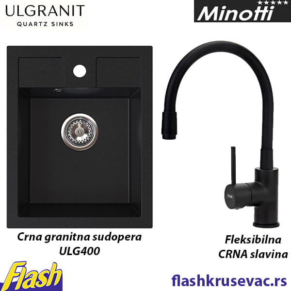 Granitna sudopera Ulgranit ULG400 (CRNA) + fleksibilna slavina Minotti – SET