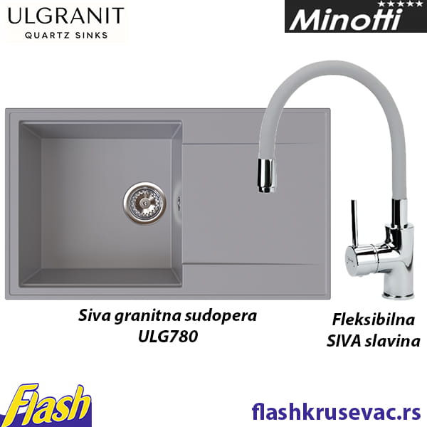 Granitna sudopera Ulgranit ULG780 (SIVA) + fleksibilna slavina Minotti – SET