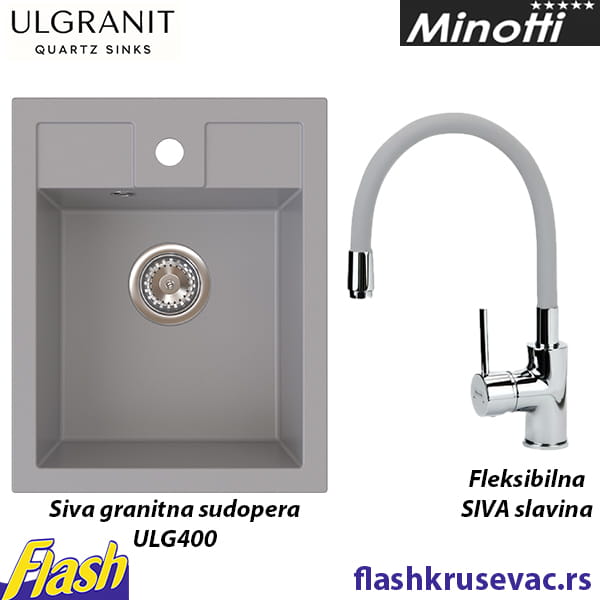 Granitna sudopera Ulgranit ULG400 (SIVA) + fleksibilna slavina Minotti – SET