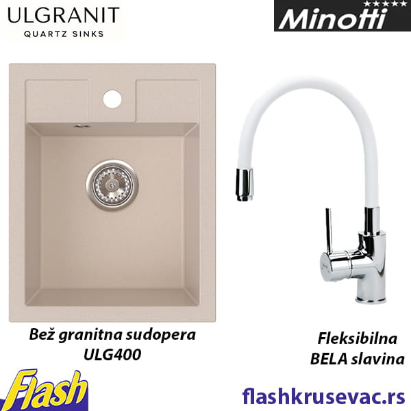 Granitna sudopera Ulgranit ULG400 (BEŽ) + fleksibilna slavina Minotti – SET