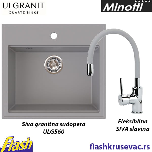 Granitna sudopera Ulgranit ULG560 (SIVA) + fleksibilna slavina Minotti – SET