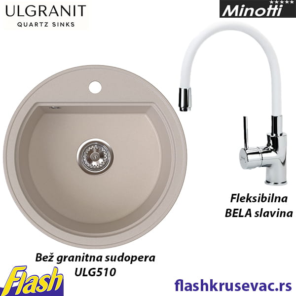 Granitna sudopera Ulgranit ULG510 okrugla (BEŽ) + fleksibilna slavina Minotti – SET