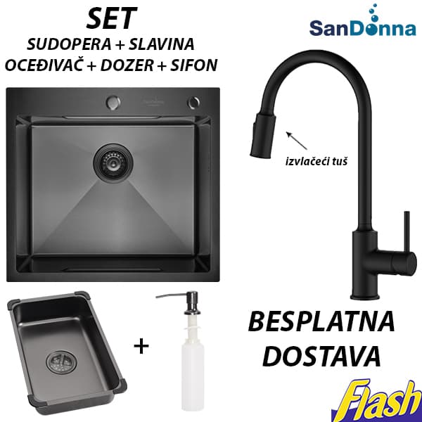 Crna INOX Sudopera sa slavinom izvlačeći tuš (SET) – SanDonna – HD5550R
