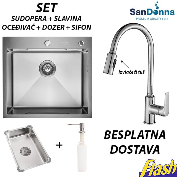 Hrom INOX Sudopera sa slavinom izvlačeći tuš (SET) – SanDonna – HD5550R