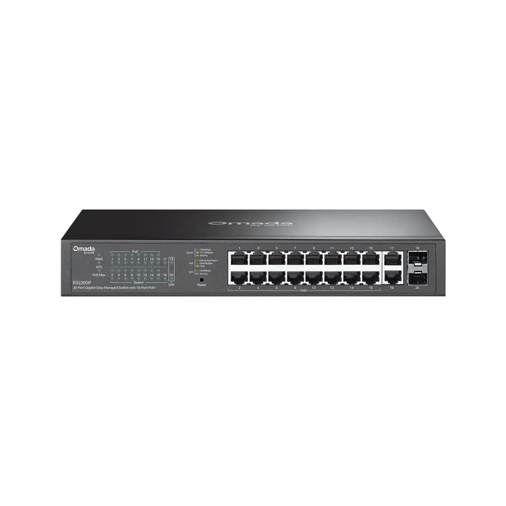 TP-Link ES220GP Omada pametni upravljivi gigabitni mrežni switch 20 portova 16 PoE+ portova 2 SFP slota snaga 150W