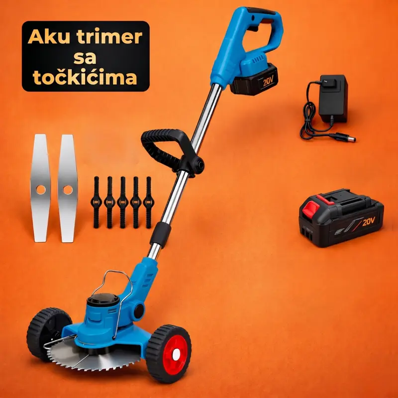 Bežični trimer sa točkićima i 2 baterije za uredno dvorište
