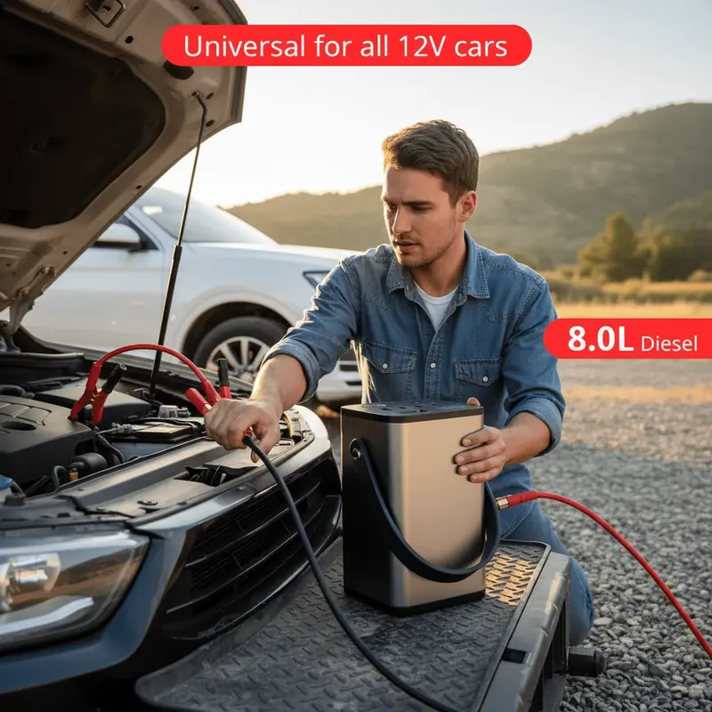 Prenosivi 12V starter za auto sa lampom i jakim kablovima