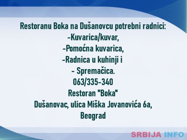 Restoranu Boka na Dušanovcu potrebni radnici