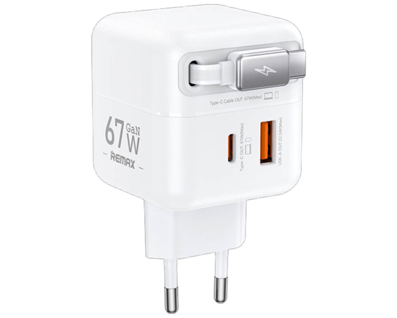 REMAX Strujni Fast teleskopski punjac Dolly GAN (1x USB Tip-A 3.0 +1x USB Tip-C) 67W, sa integrisanim USB Tip-C kablom 0.5m, beli