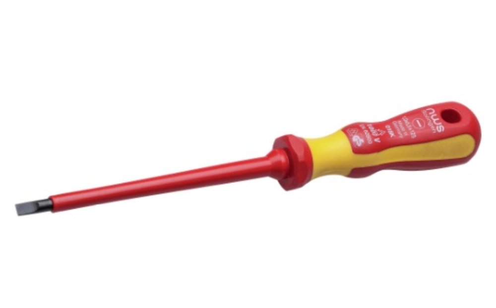 Odvijač ravni 0,8x4 mm dužine 100/195 mm, izolovan do 1000V prema DIN EN/IEC 60900 standardu, ojačano sečivo od molibden vanadijum čelika NWS