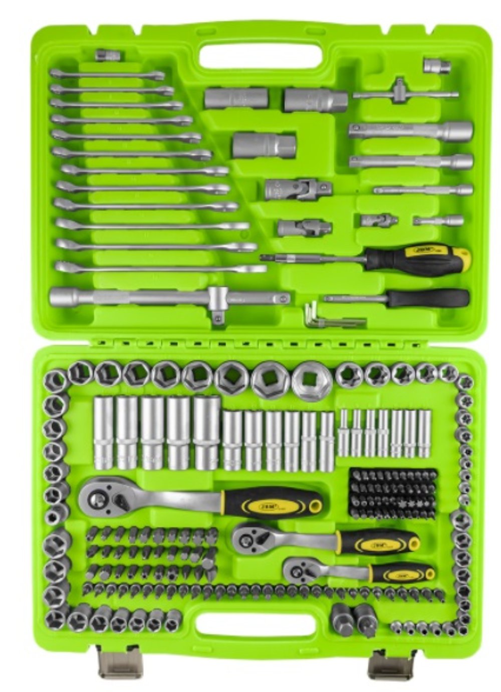 "Ključevi nasadni duboki i plitki sa prihvatom na 1/2"",3/8"",1/4"" sa ručicama reverzibilnim,nastavcima,produžecima,bitovima,okastim ključevima u plastičnoj kutiji 216 JBM"