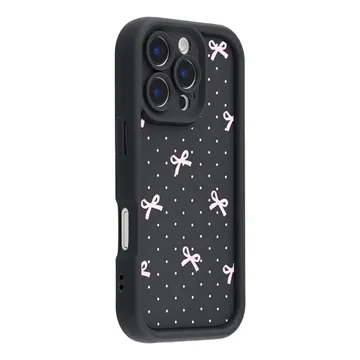 IPHONE 16 PRO MAX STYLISH SHOCKPROOF TPU CASE WITH RAISED EDGES - BLACK / POLKA DOT BOW