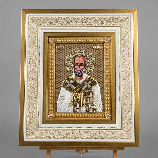 Sveti Nikola Metalna Ikona U Belom Ramu Pozlata 43x37 cm