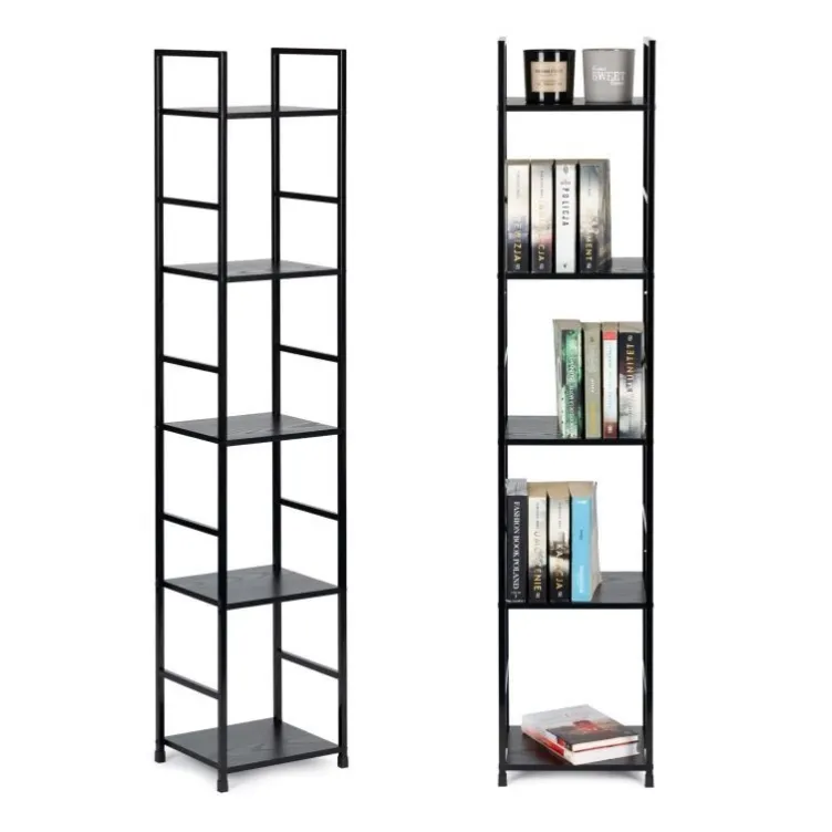 Drvena polica sa metalnim okvirom u LOFT stilu, 5 nivoa, crna- ModernHome