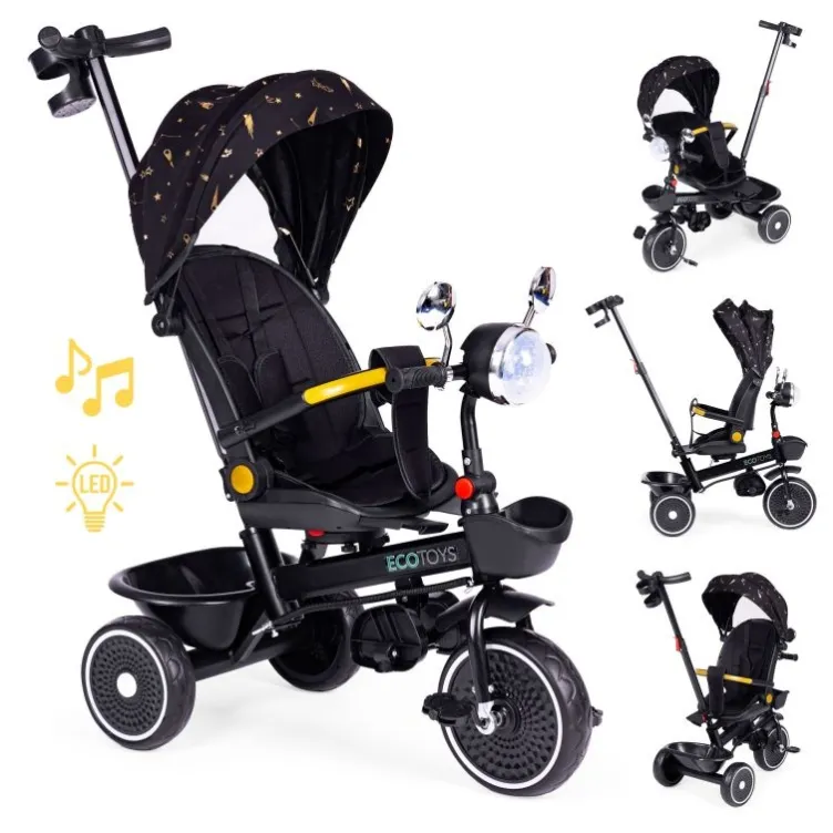 Tricikl za decu sa rotirajućim sedištem, gurajućim rukohvatom i tendom black, ECOTOYS