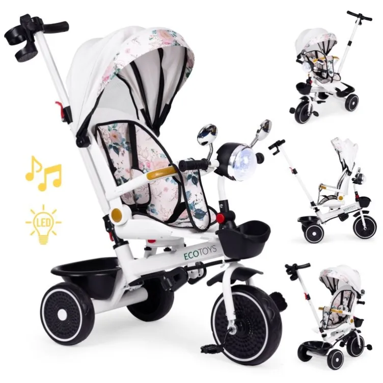 Tricikl za decu sa rotirajućim sedištem, gurajućim rukohvatom i tendom white, ECOTOYS