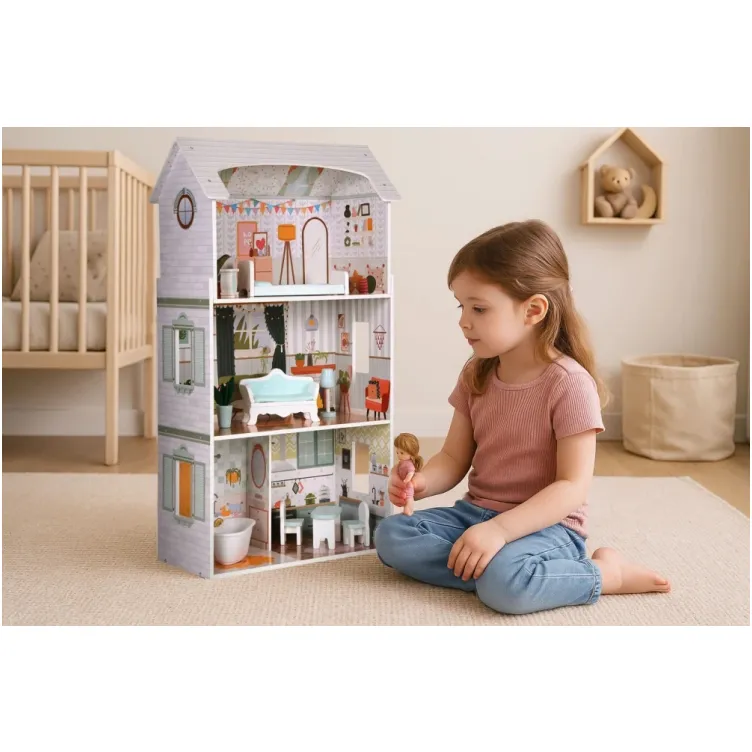 Kućica za lutke Alice na 3 sprata, 4 sobe, set sa 9 komada nameštaja – ECOTOYS