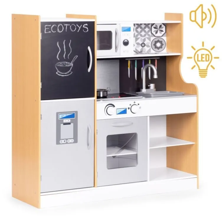 Dečija kuhinja sa zvukom i LED tablom za pisanje, metalni dodaci, MDF, 3+ godine, ECOTOYS