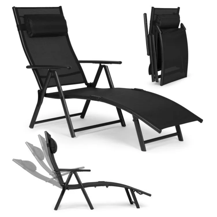 Sklopiva baštenska ležaljka za plažu sa podesivim naslonom i čeličnim ramom, Black, MultiGarden