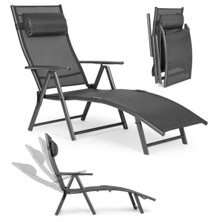 Sklopiva baštenska ležaljka za plažu sa podesivim naslonom i čeličnim ramom, Gray, MultiGarden