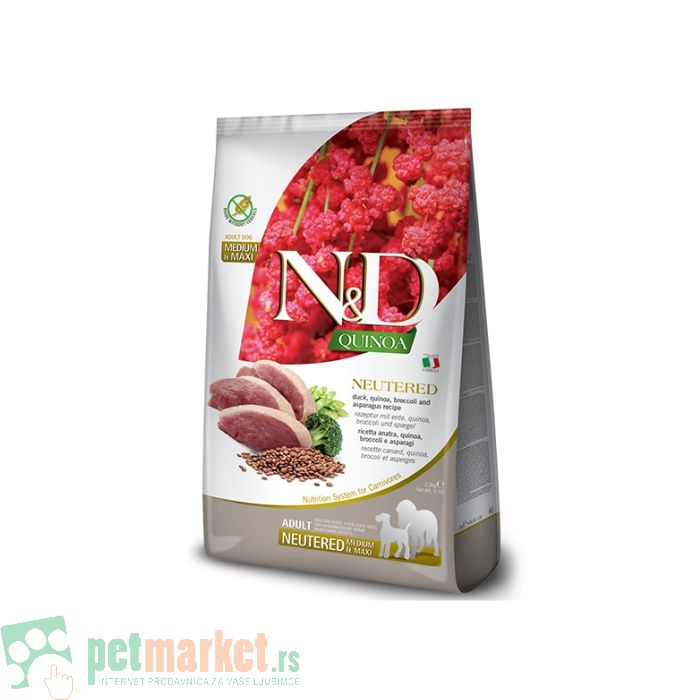 N&D Quinoa: Hrana za sterilisane pse Med/Max Adult Neutered, Pačetina & Kinoa